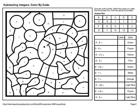 Subtracting Integers Color By Code Coloring Pages Ocean By