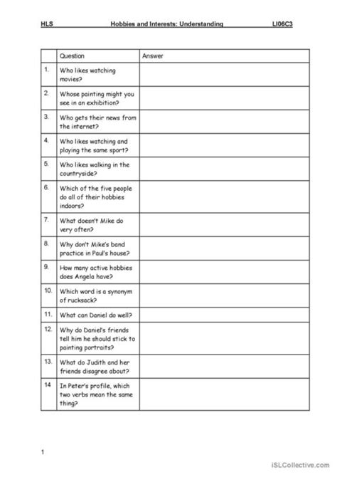10 Hobbies General Reading Comprehension Reading Comprehen