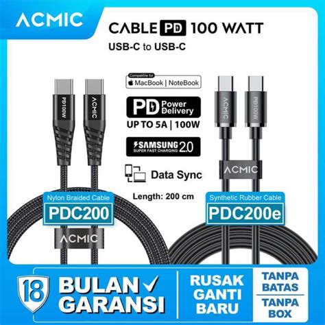 Promo Acmic Pdc200 Pdc200E Cable 2M Usb C To Usb C Power Delivery Pd 100W Diskon 23 Di Seller