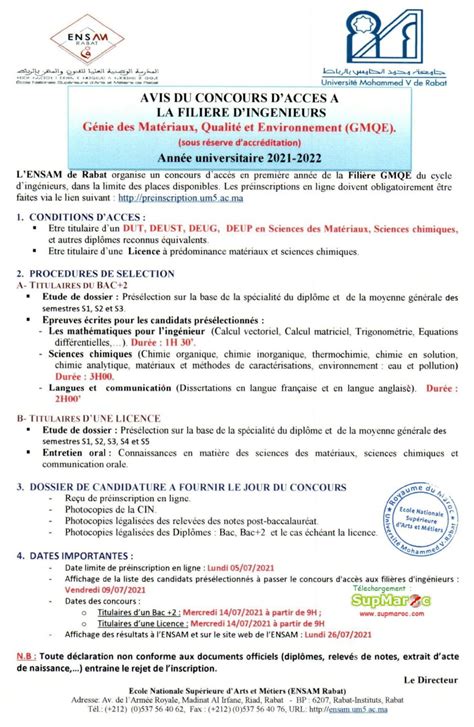 Ensam Rabat Concours 1ere Année Ingénieure 2021 2022 Supmaroc