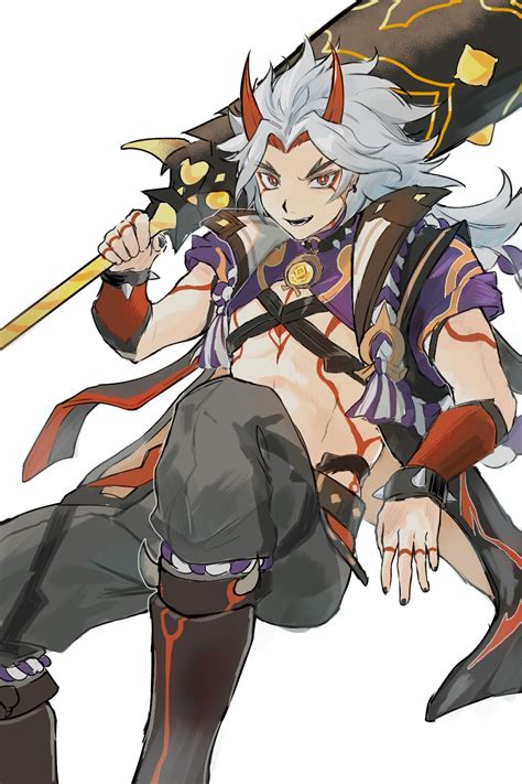 Shiba Manbai Cnm Arataki Itto Genshin Impact Chinese Commentary Highres Black Nails Body