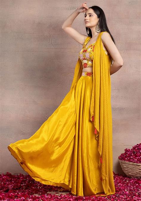 Buy Women Mustard Yellow Sharara Set With Floral Embroidered Blouse And