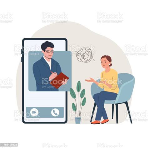온라인 심리 지원 정신과 의사는 의자에 여자와 함께 일합니다 심리 상담 감정에 대한 스톡 벡터 아트 및 기타 이미지 감정