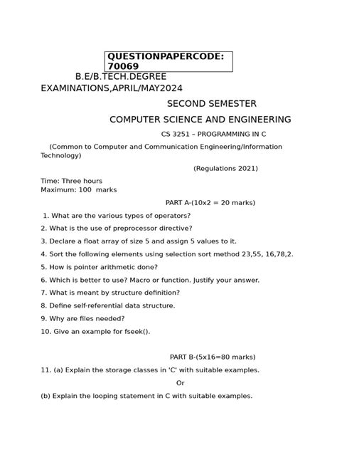 Cs3251 Pdf Matrix Mathematics Pointer Computer Programming