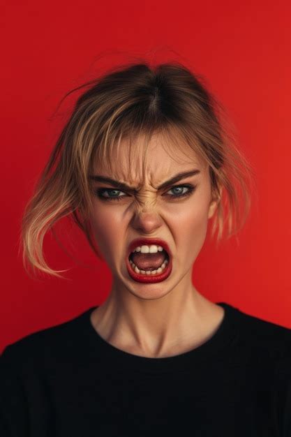 Striking Woman Intense Portrait With An Angry Expression Against A