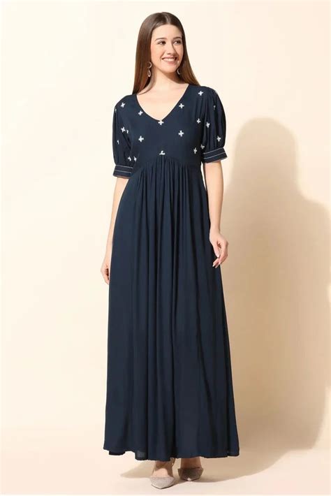 Womens Blue Rayon Embroidered Empire Waist Kurta At Rs 799piece