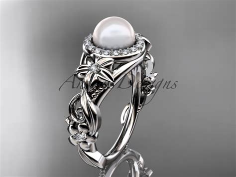 14kt White Gold Diamond Pearl Unique Engagement Ring Ap300