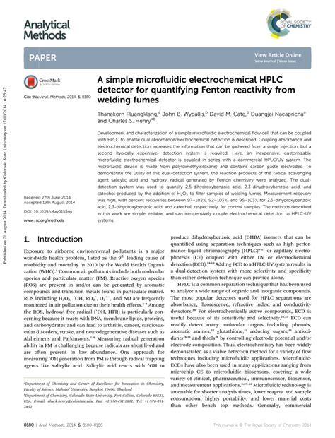 Pdf A Simple Microfluidic Electrochemical Hplc Detector For Quantifying Fenton Reactivity From