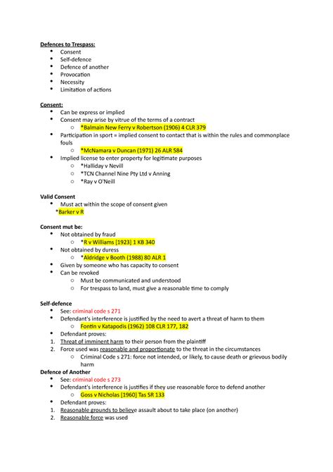 Defences To Trespass Week 2 Llb102 Torts Law Lecture Notes Defences