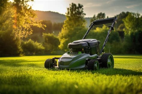 Premium Ai Image Lawn Mower On Grass Cut Grass In The Garden
