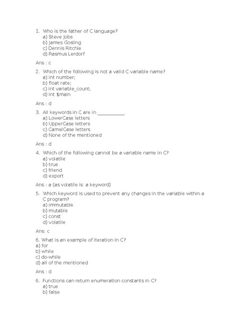 C Mcq Who Is The Father Of C Language A Steve Jobs B James Gosling C Dennis Ritchie D