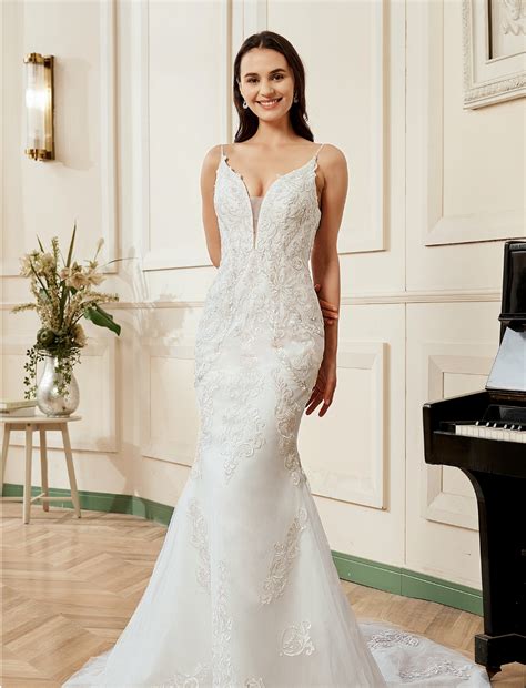 Silver Embroidered Lace Wedding Dress With Plunging V Neck Tullelux