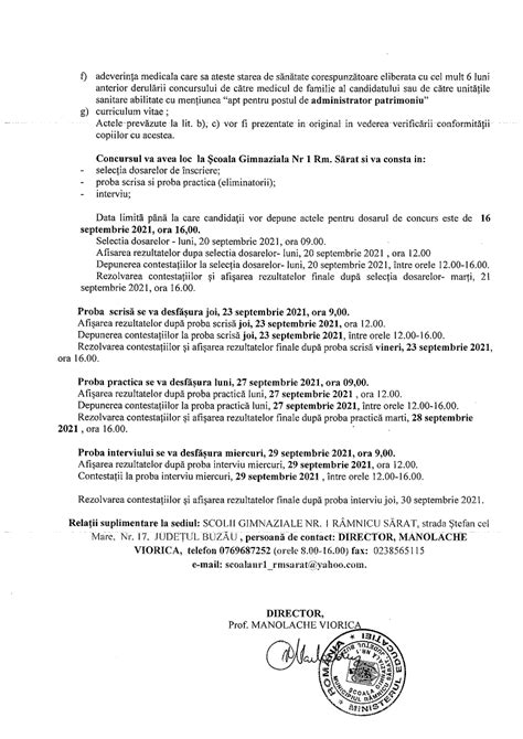 ANUNȚ organizare concurs pentru ocuparea postului vacant de