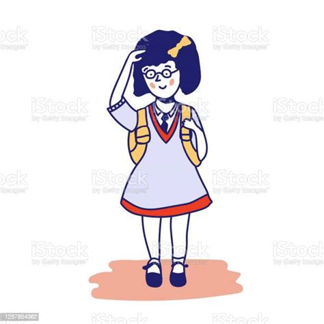 배낭과 학교 유니폼을 입고 귀여운 소녀 여학생의 그림 학교로 돌아가기 가방에 대한 스톡 벡터 아트 및 기타 이미지 가방