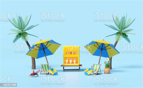 아이스크림 쇼케이스 또는 냉장고 게 우산 야자수 구명 부표 해변 의자 파란색 배경에 격리 된 우산이있는 상점 카페 3차원 형태에 대한 스톡 사진 및 기타 이미지 Istock