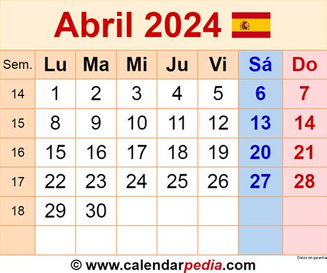 Calendario Abril 2024 En Pdf Excel Y Word Calendarpedia