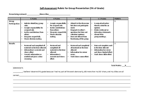 Self Assessment Done Assignment Self Assessment Rubric For Group
