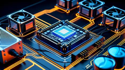 Futuristic Circuit Board With Glowing Blue Core Microchip Design Stock