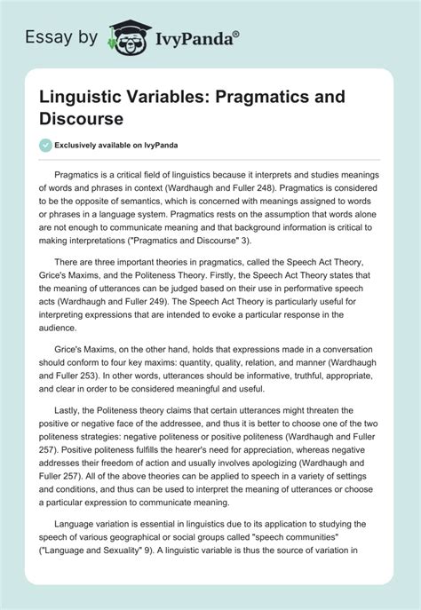 Linguistic Variables Pragmatics And Discourse 603 Words Essay Example