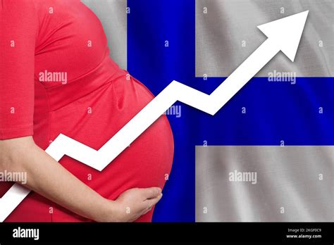 Finnish Pregnant Woman On Flag Of Finland Background Birth Rate Up