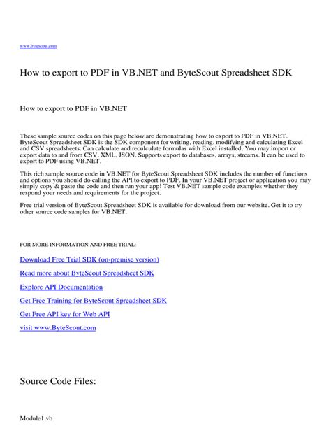 Bytescout Spreadsheet Sdk Vb Net Export To Pdf Pdf Spreadsheet Microsoft Excel