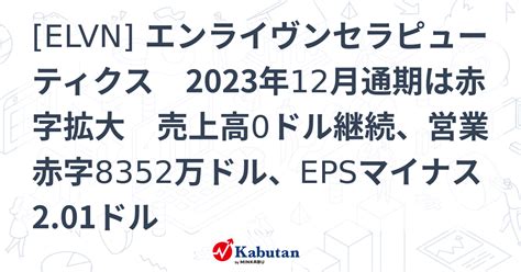 Elvn エンライヴンセラピューティクス 2023年12月通期は赤字拡大 売上高0ドル継続、営業赤字8352万ドル、epsマイナス201