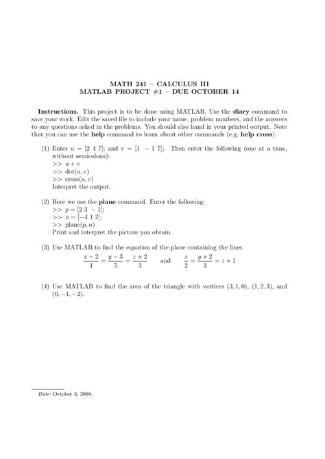 4 Problems On Introduction To Calculus Iii Matlab Project 1 Math