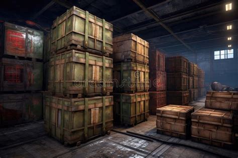 Stacked Cargo Crates With Labels In Warehouse Stock Illustration