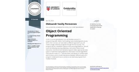 oleksandr pereverzev on linkedin completion certificate for object oriented programming