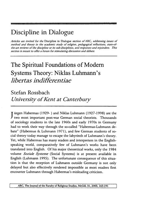 Pdf Spiritual Foundations Of Modem Systems Theory Niklas Luhmanns