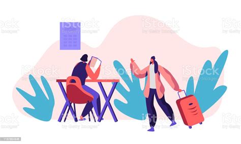 웃는 소녀 캐릭터 생활 호스텔 큰 가방 부엌 룸 저렴 한 호텔 컨셉 테이블에 있는 여자 책을 읽습니다 국제 경제 여행 주말 여행 평면 만화 벡터 일러스트 가정 주방에 대한