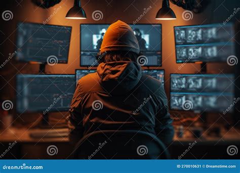 Hacker Working Behind Computer Monitors Illustration Generative AI Stock Illustration