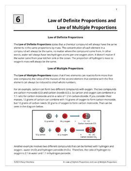 Chemistry Laws Of Definite And Multiple Proportions Lesson And Worksheet