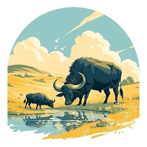 Búfalos de agua en paisajes rurales Vector Premium