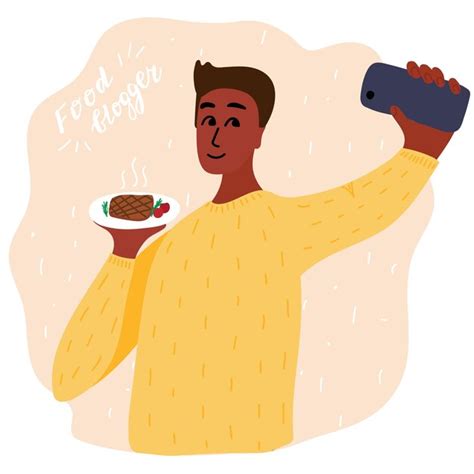 Premium Vector Man Food Blogger Making Photo Selfie With Steak With