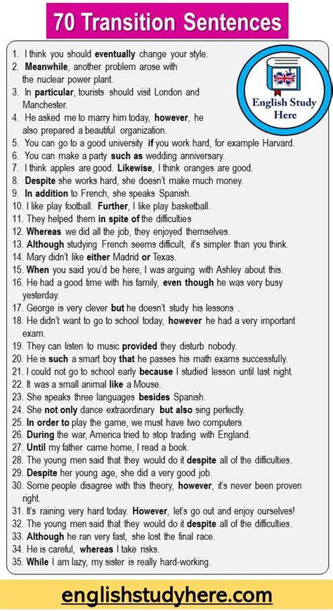 70 Transition Sentences In English Transition Words And Example