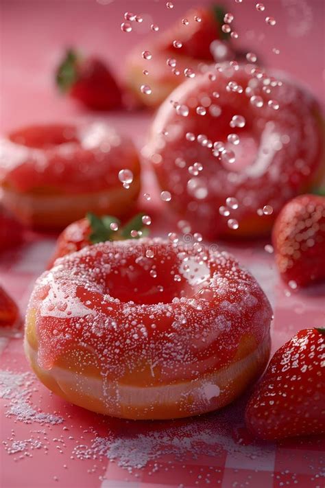 Delicious Strawberry Donuts With Powdered Sugar Topped With Fresh