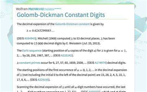 Golomb Dickman Constant Digits From Wolfram Mathworld
