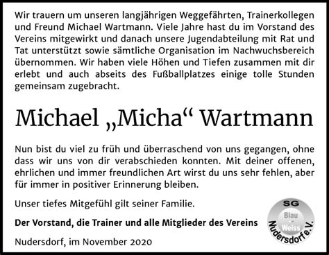 Traueranzeigen Von Michael Wartmann Abschied Nehmen De