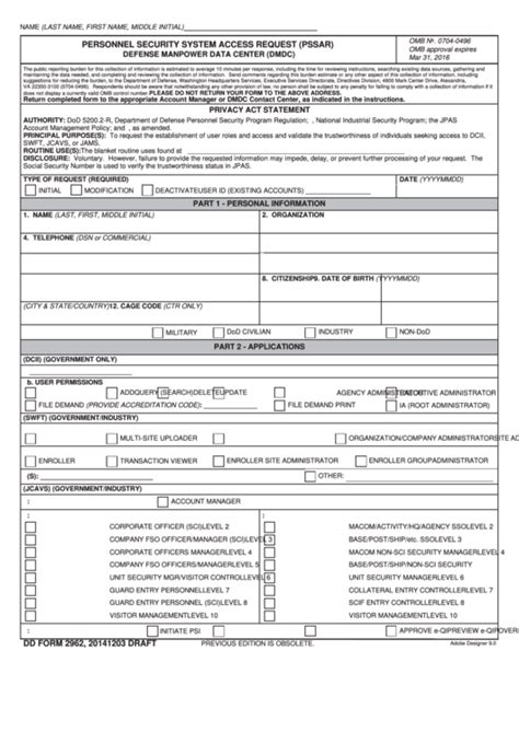 Dd Form 2962 Personnel Security System Access Request Pssar Defense