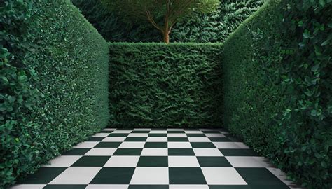 Surreal Green Hedge Corridor With Checkered Floor Virtual Background