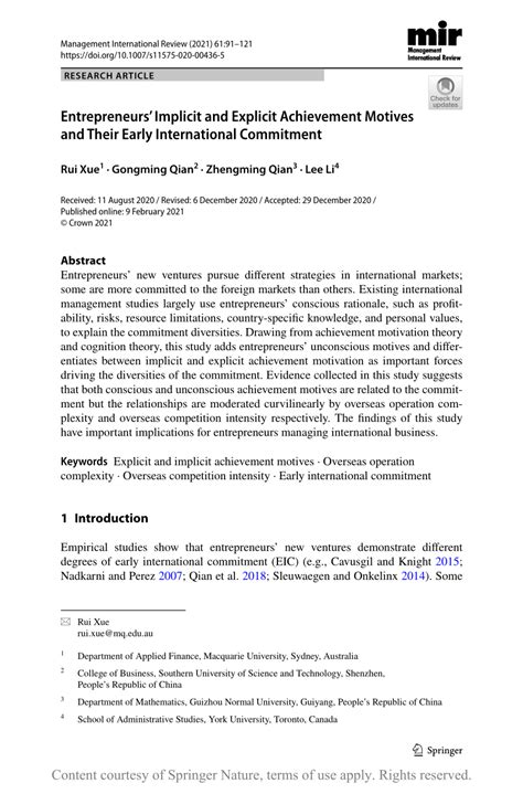 Entrepreneurs Implicit And Explicit Achievement Motives And Their Early International