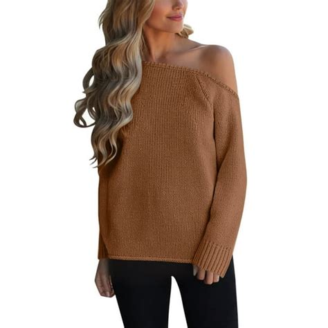 Dhfjkg Womens Sweaters Off Shoulder Loose Fit Long Sleeve Solid Color