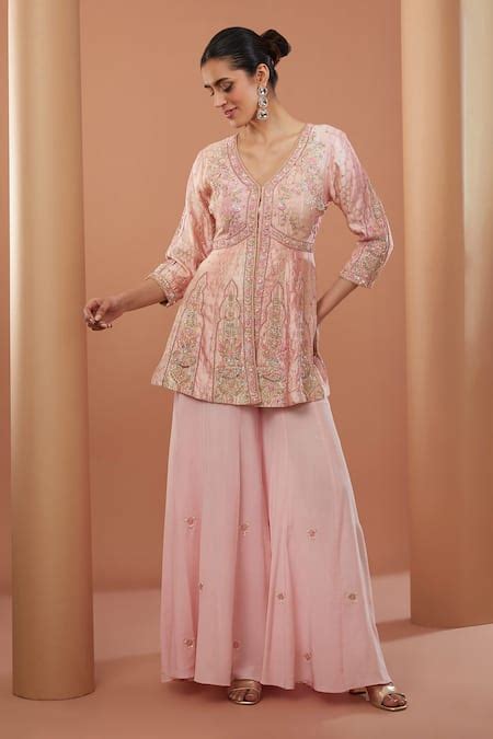 Buy Peach Kurta Silk Printed Chanderi Embroidery Zardozi V Gullista With Sharara For Women By