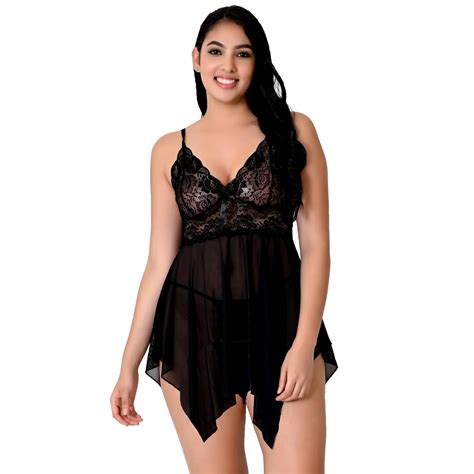 Buy Fihana Women Solid Net Lace Babydoll V Neck Wedding Nighty Above Knee Lingerie S XL Black