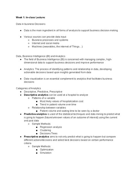 Bsan Notes Week 1 In Class Lecture Data In Business Decisions Data Is The Main Ingredient In