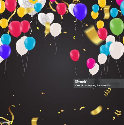 사실적인 비행 헬륨 풍선과 인사 디자인 풍선 색상 축하 축제 배경 인사말 배너 카드 포스터 3차원 형태에 대한 스톡 벡터 아트