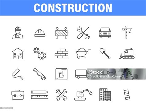 一組24構造網頁圖示在線條樣式建築 工程師 商業 道路 建築商 工業向量圖向量圖形及更多下面圖片 下面 修理 危險 Istock