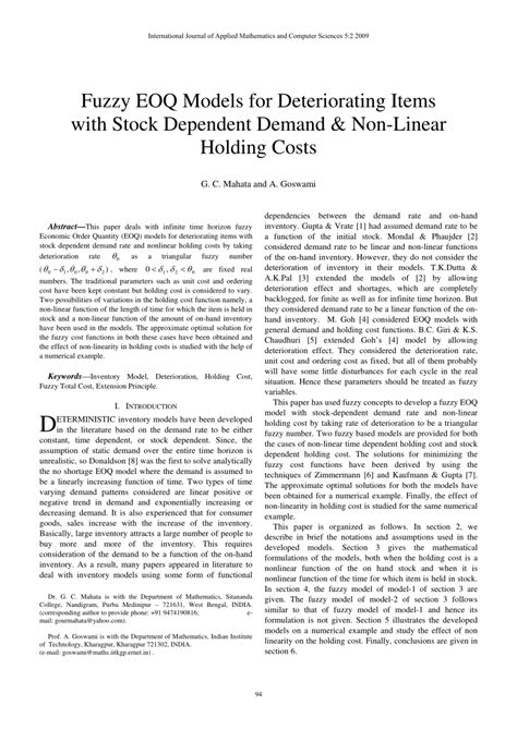 Pdf Fuzzy Eoq Models For Deteriorating Items With Stock Dependent Demand And Non Linear Holding