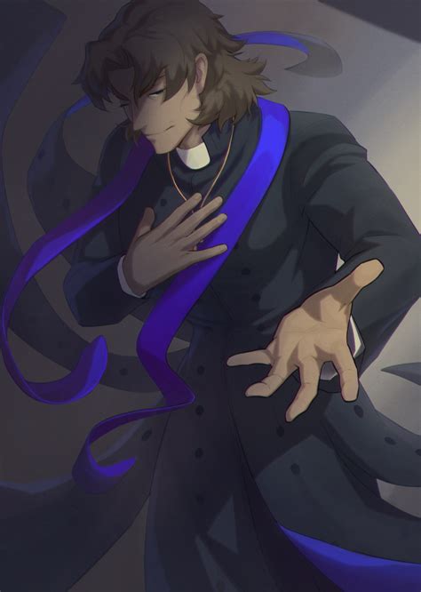 Safebooru 1boy Beckoning Black Robe Blue Stole Brown Eyes Brown Hair